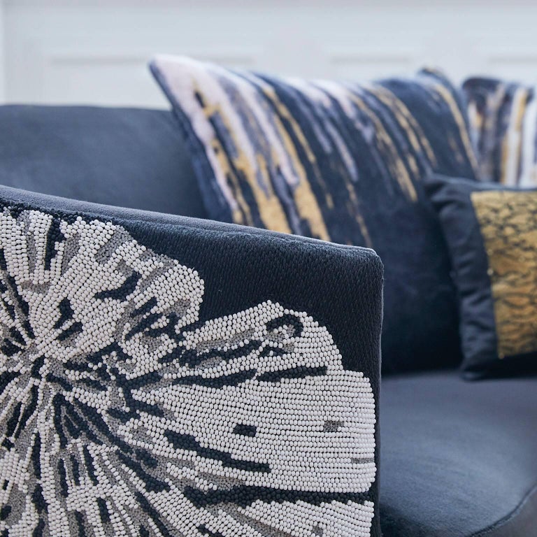 Handcrafted Midcentury Curved Sofa with Hand Embroidered Back Black and ...