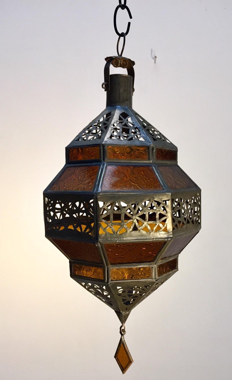 Moroccan Metal and Amber Glass Lantern, Octagonal Diamond Shape at 1stDibs