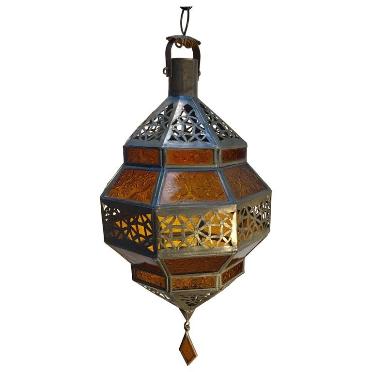 Moroccan Metal and Amber Glass Lantern, Octagonal Diamond Shape at 1stDibs