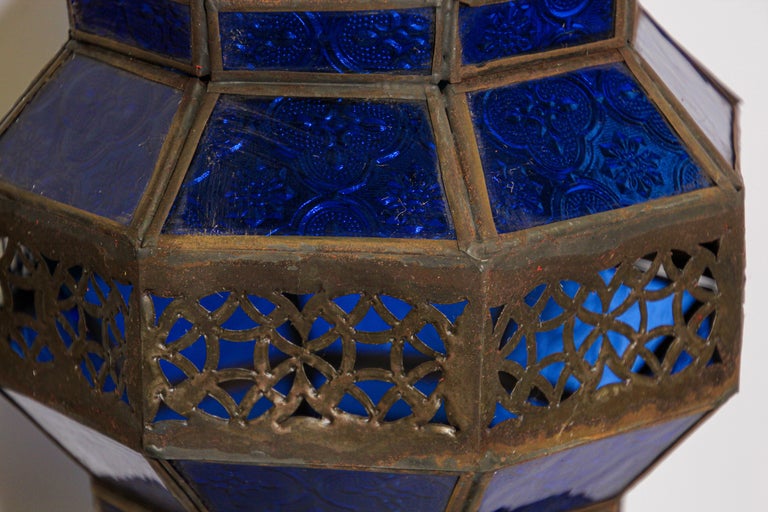 Handcrafted Moroccan Blue Glass Lantern, Metal Octagonal Diamond Shape ...