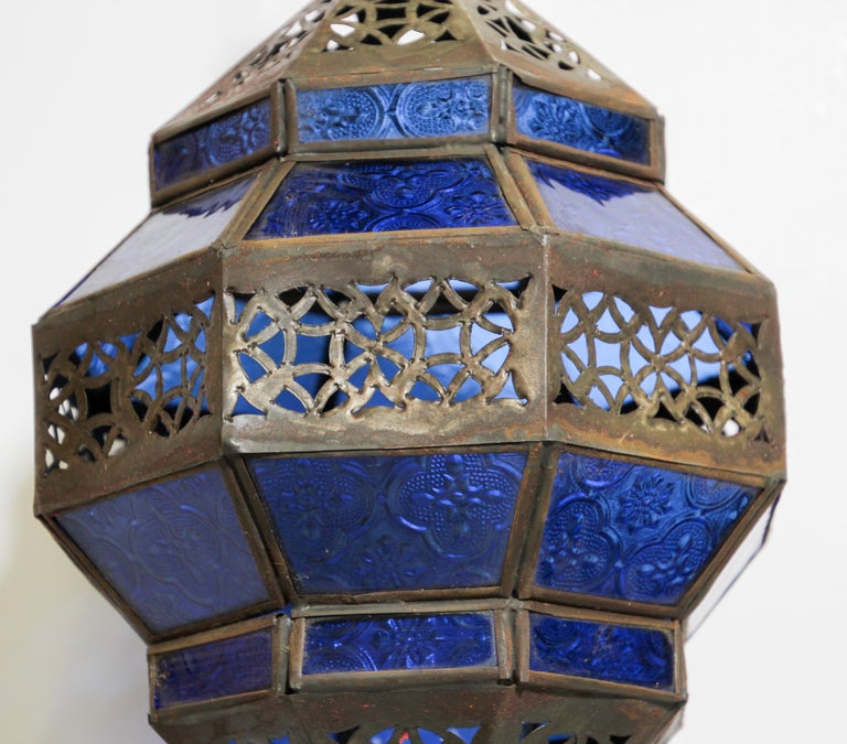Handcrafted Moroccan Blue Glass Lantern, Metal Octagonal Diamond Shape ...