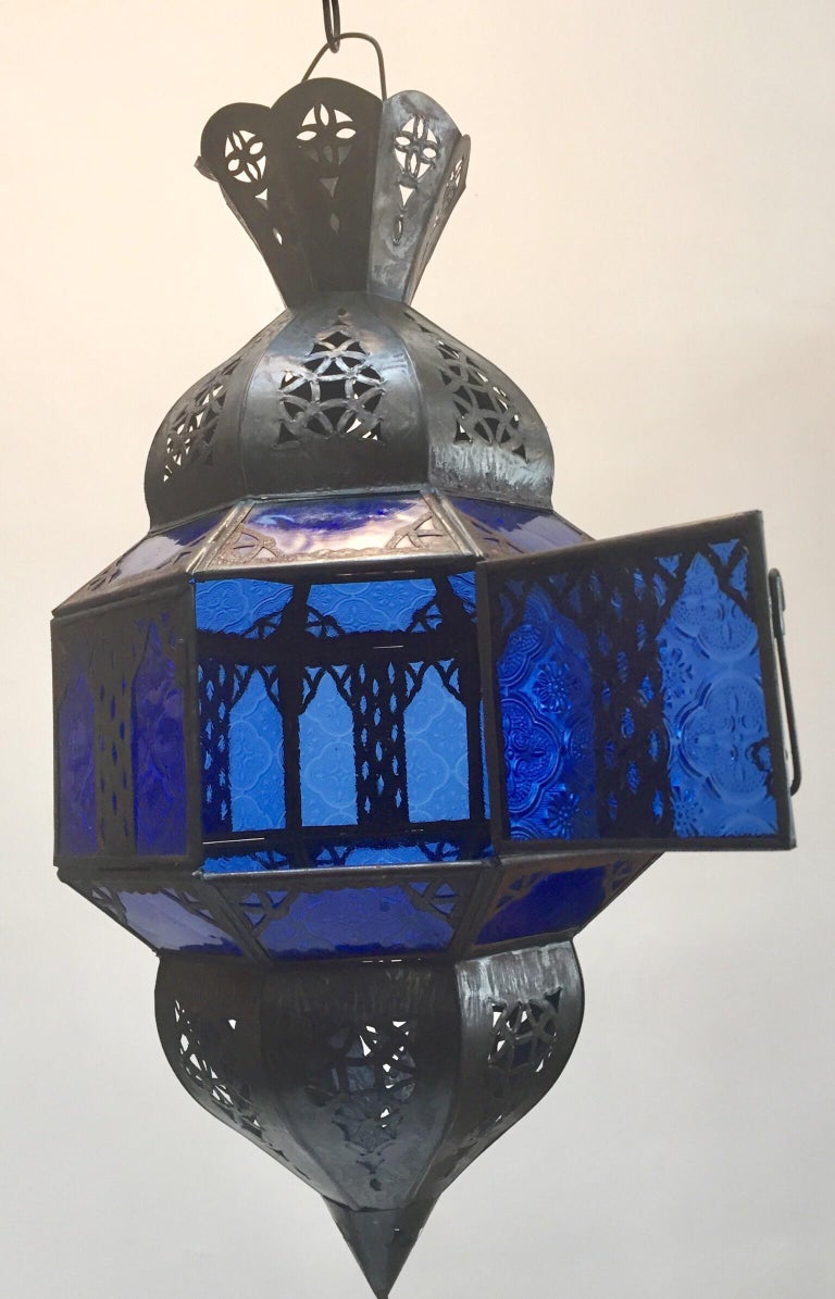 Handcrafted Moroccan Metal and Blue Glass Lantern, Octagonal Shape For ...
