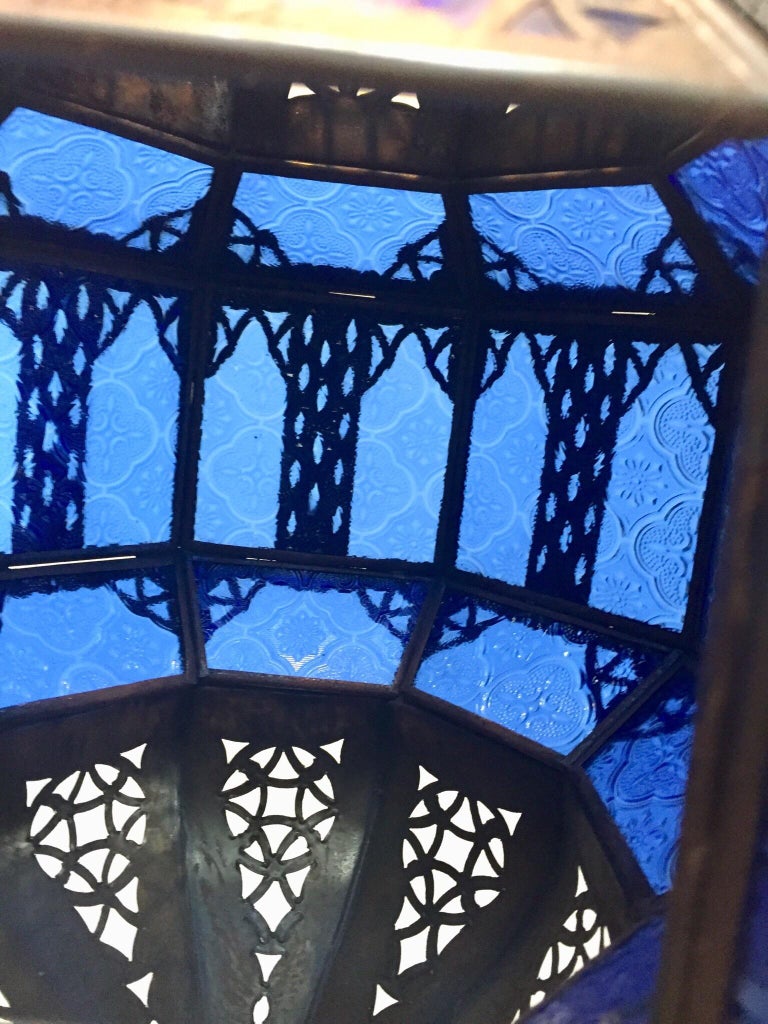 Handcrafted Moroccan Metal and Blue Glass Lantern, Octagonal Shape For ...