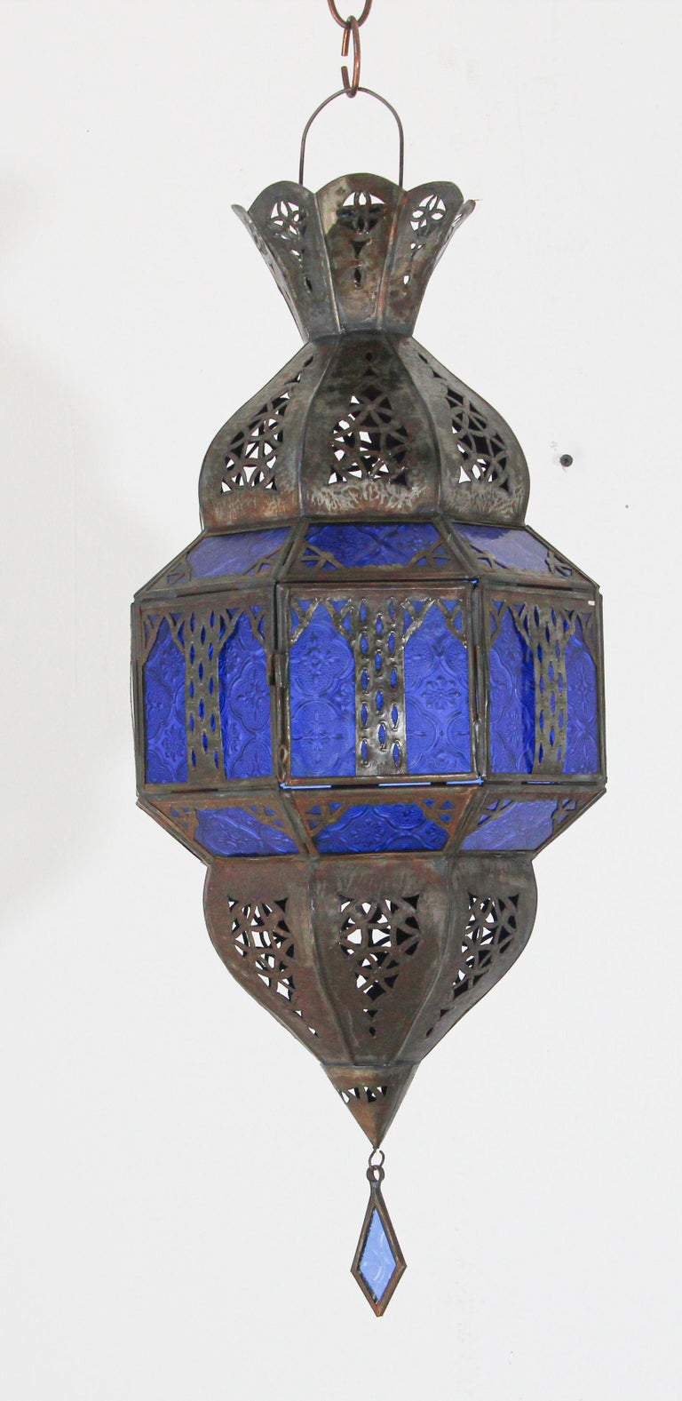 Handcrafted Moroccan Metal and Blue Glass Lantern, Octagonal Shape at ...
