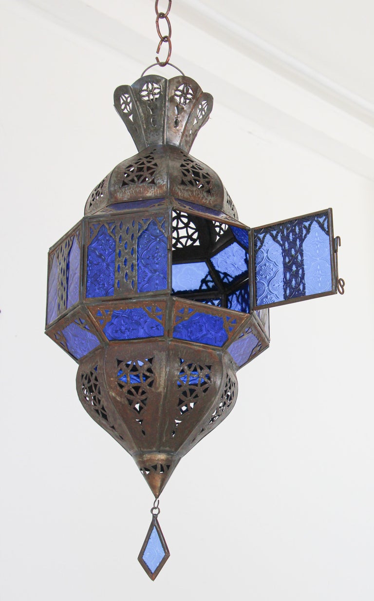 Handcrafted Moroccan Metal and Blue Glass Lantern, Octagonal Shape at ...