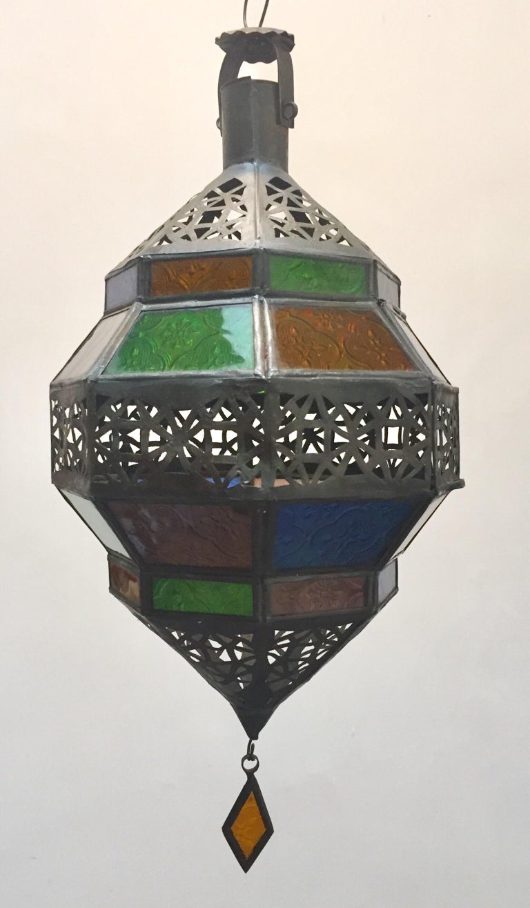 Handcrafted Moroccan Metal and Multi-Color Glass Lantern Octagonal ...