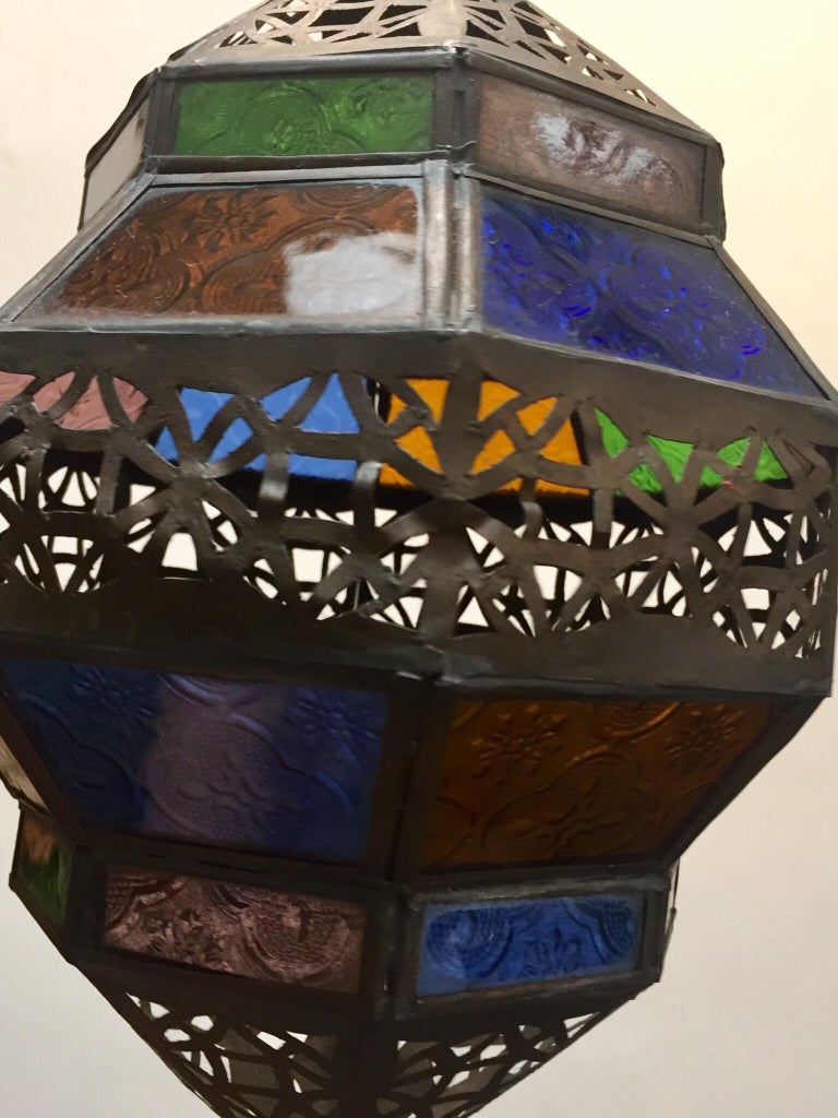 Handcrafted Moroccan Metal and Multi-Color Glass Lantern Octagonal ...