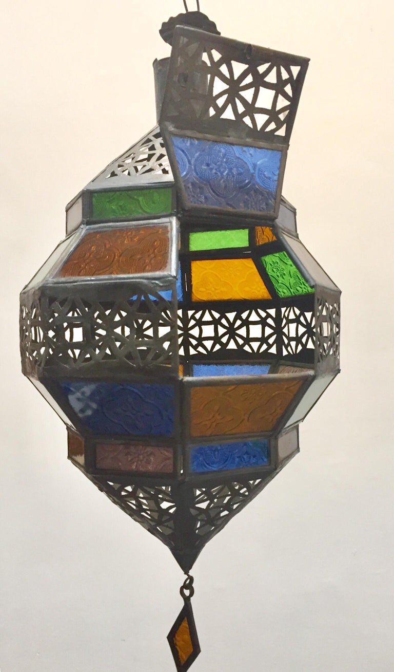 Handcrafted Moroccan Metal and Multi-Color Glass Lantern Octagonal ...