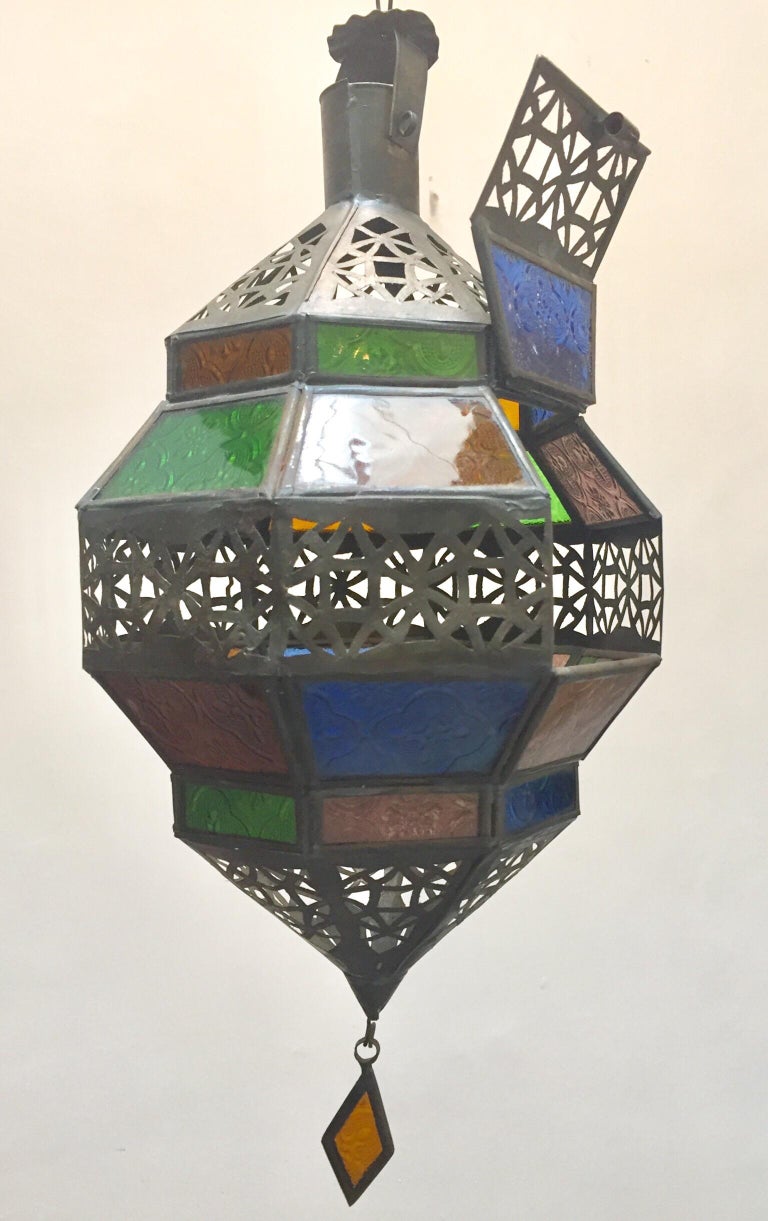 Handcrafted Moroccan Metal and Multi-Color Glass Lantern Octagonal ...