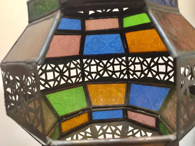 Handcrafted Moroccan Metal and Multi-Color Glass Lantern Octagonal ...