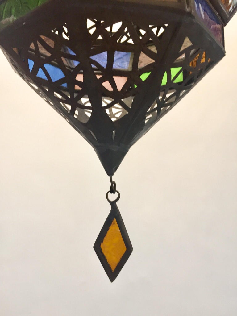 Handcrafted Moroccan Metal and Multi-Color Glass Lantern Octagonal ...