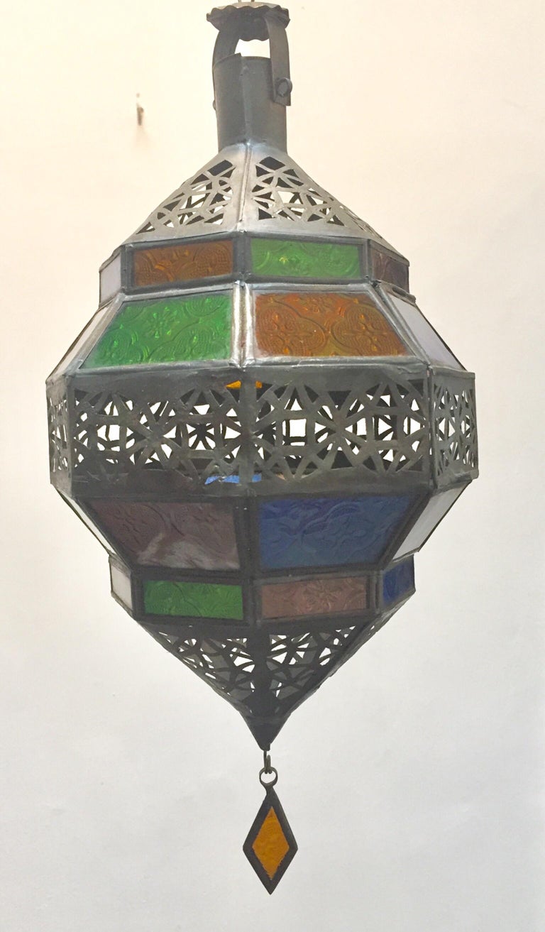 Handcrafted Moroccan Metal and Multi-Color Glass Lantern Octagonal ...