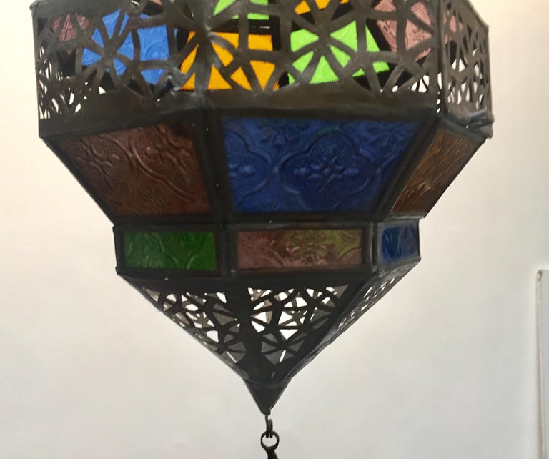 Handcrafted Moroccan Metal and Multi-Color Glass Lantern Octagonal ...