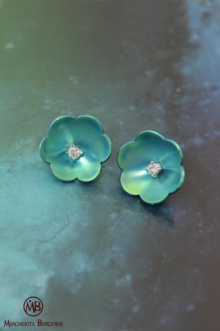 Pink Titanium Diamond 18KT Gold Happy Flower Earrings at 1stDibs