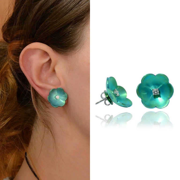 Pink Titanium Diamond 18KT Gold Happy Flower Earrings at 1stDibs