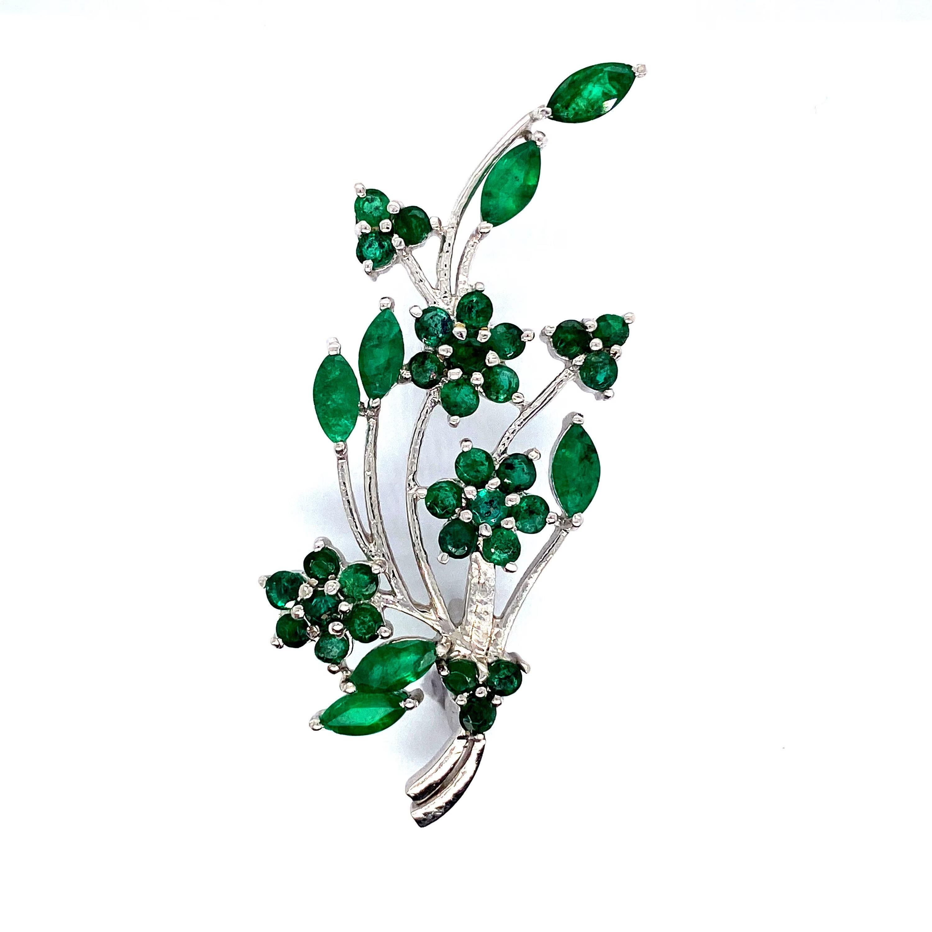 Handcrafted Real Emerald Floral Unisex Brooch in 925 Sterling Silver ...