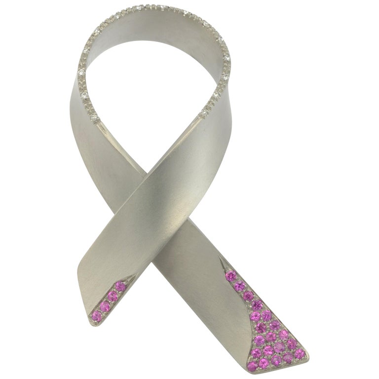 Handcrafted Titanium 18 Karat Gold Pink Sapphire Ribbon Brooch For Sale ...