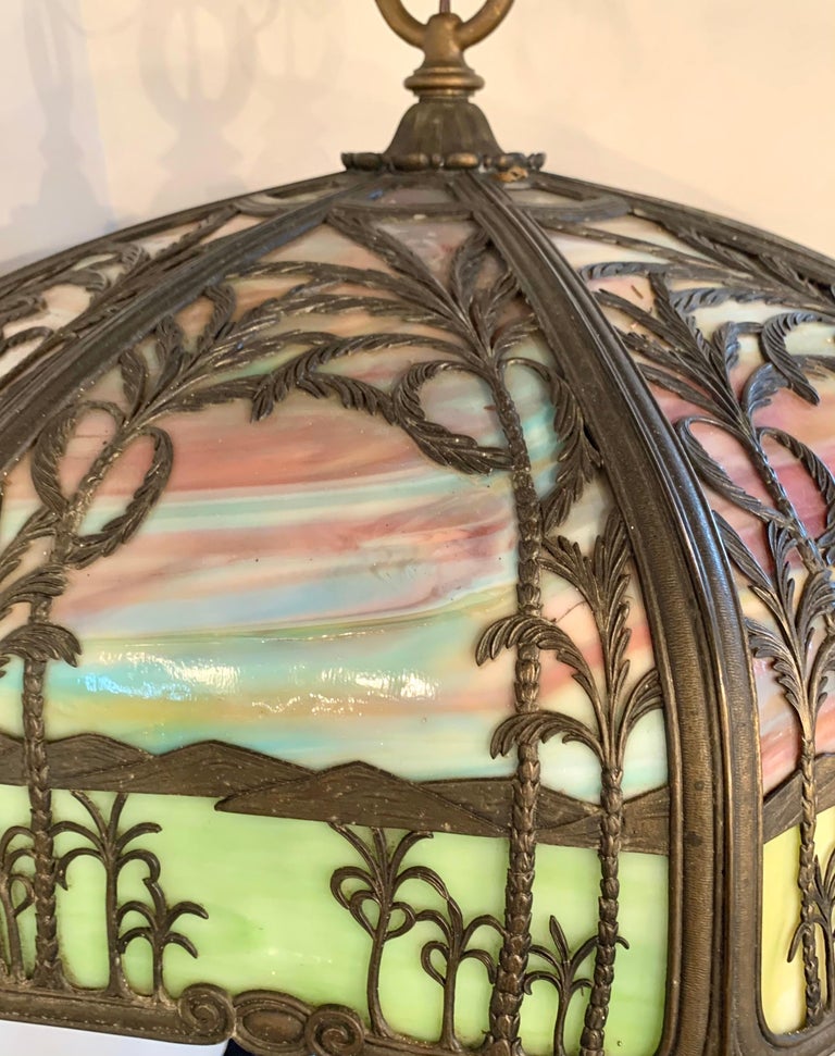 Handel Palm Tree Leaded Stained Glass Dome Light Chandelier For Sale at ...