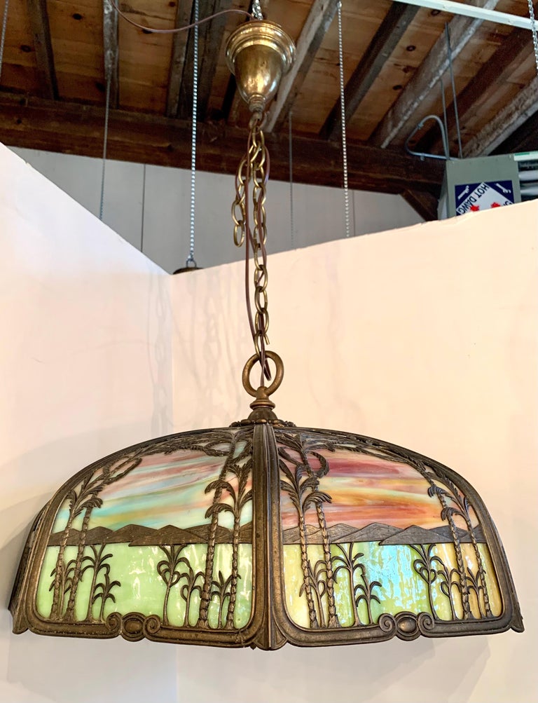 Handel Palm Tree Leaded Stained Glass Dome Light Chandelier For Sale at ...