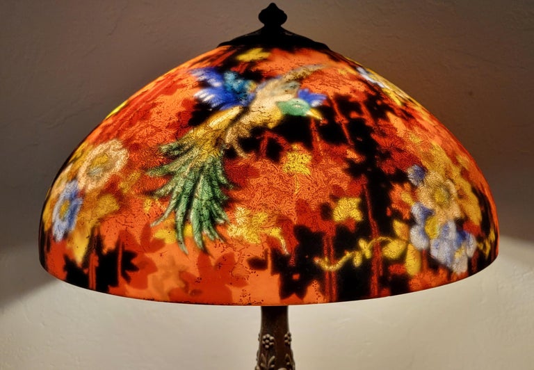 Handel Reverse Painted Bird and Flora Table Lamp For Sale at 1stDibs