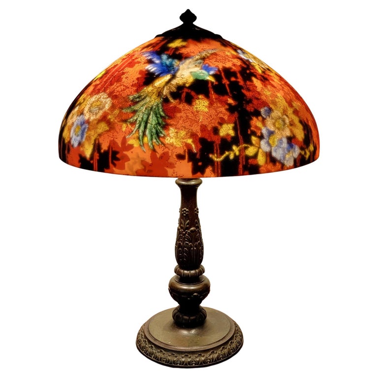 Handel Reverse Painted Bird and Flora Table Lamp For Sale at 1stDibs