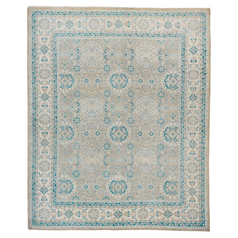 Handknotted Sivas Design Area Rug, Allover Beige Field, Ivory Borders ...