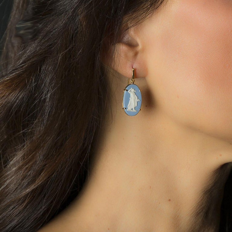 Handmade 18 Kt Gold Earrings with Early 1900s Wedgwood Blue Porcelain ...