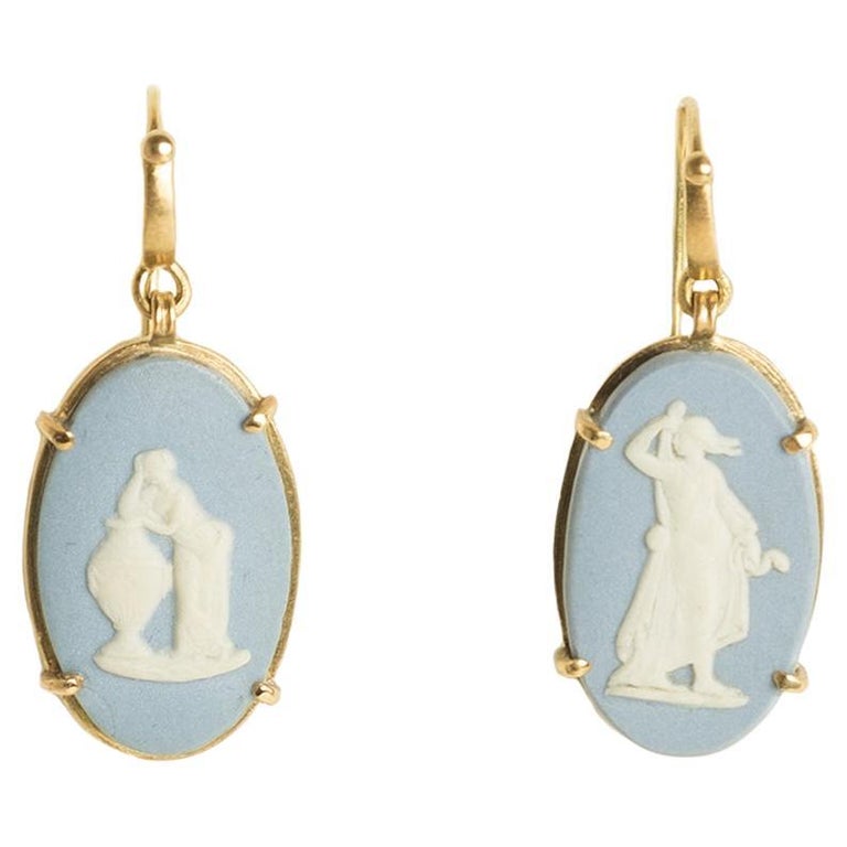 Handmade 18 Kt Gold Earrings with Early 1900s Wedgwood Blue Porcelain ...