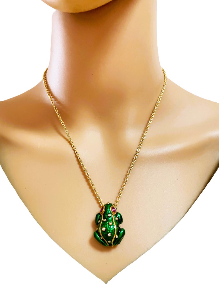 Handmade 21k Yellow Gold Enamel Frog Pin/Pedant with Ruby Eyes and ...