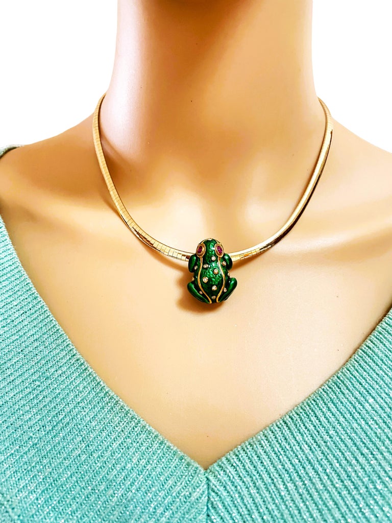 Handmade 21k Yellow Gold Enamel Frog Pin/Pedant with Ruby Eyes and ...