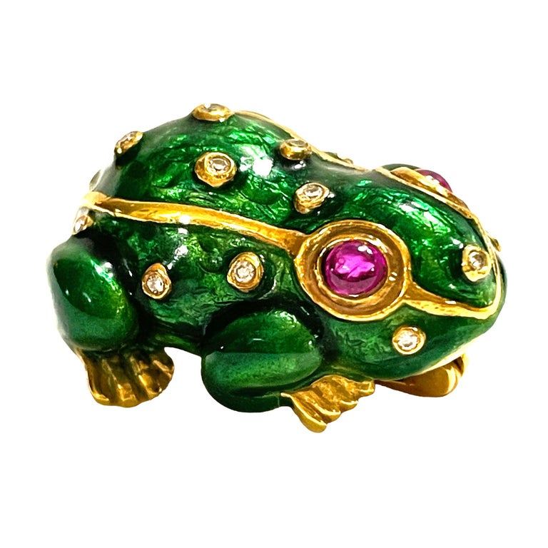 Handmade 21k Yellow Gold Enamel Frog Pin/Pedant with Ruby Eyes and ...