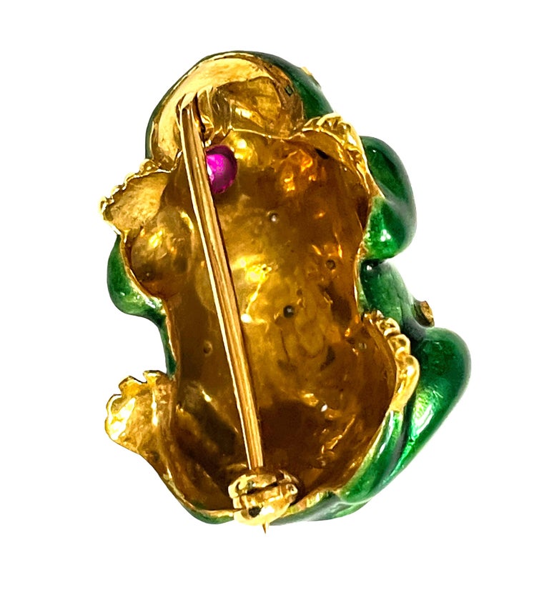 Handmade 21k Yellow Gold Enamel Frog Pin/Pedant with Ruby Eyes and ...