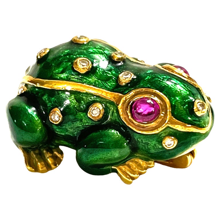 Handmade 21k Yellow Gold Enamel Frog Pin/Pedant with Ruby Eyes and ...