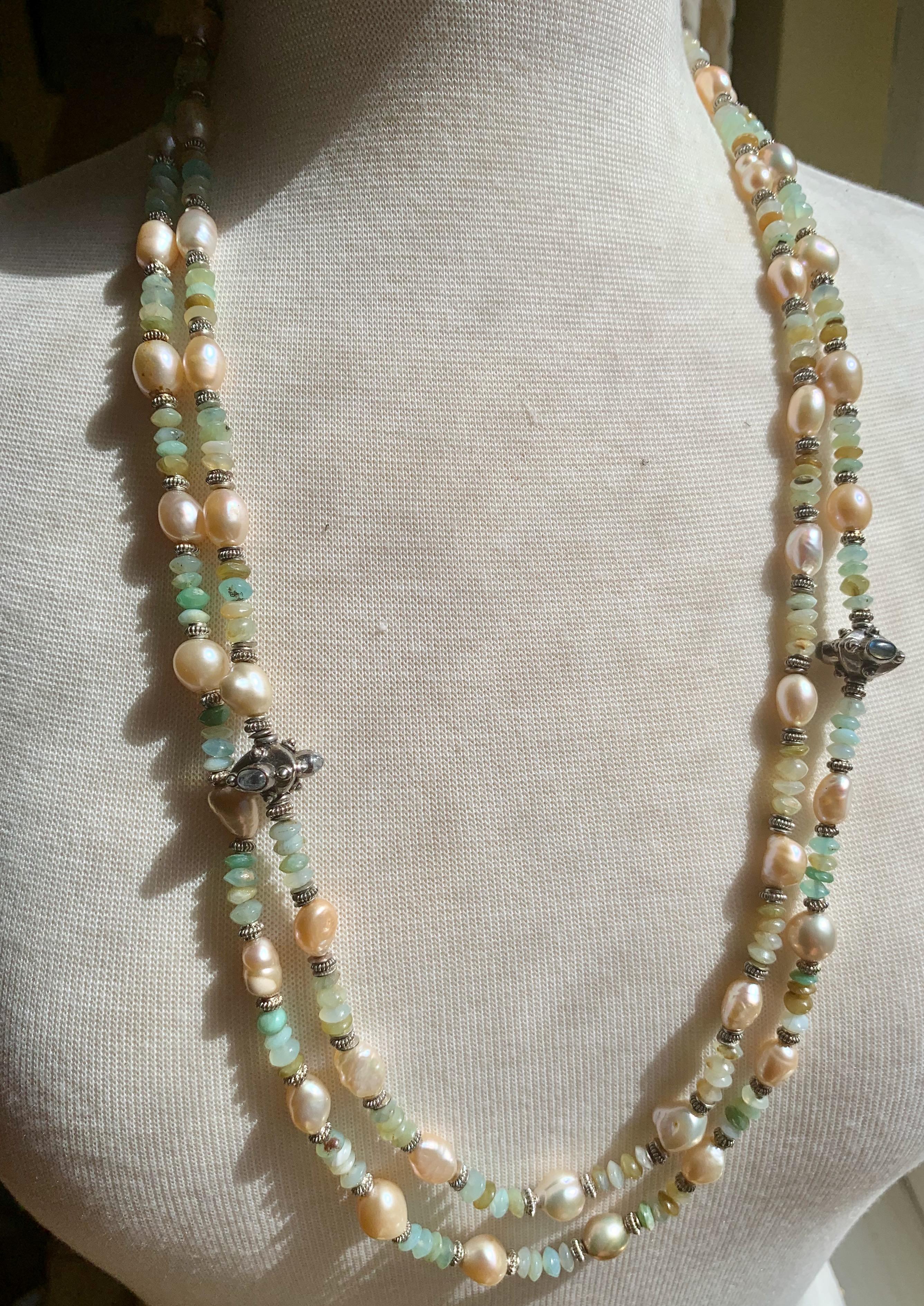 Handmade 61" Blue Peruvian Opal Necklace with Pearls, Rainbow Moonstone ...