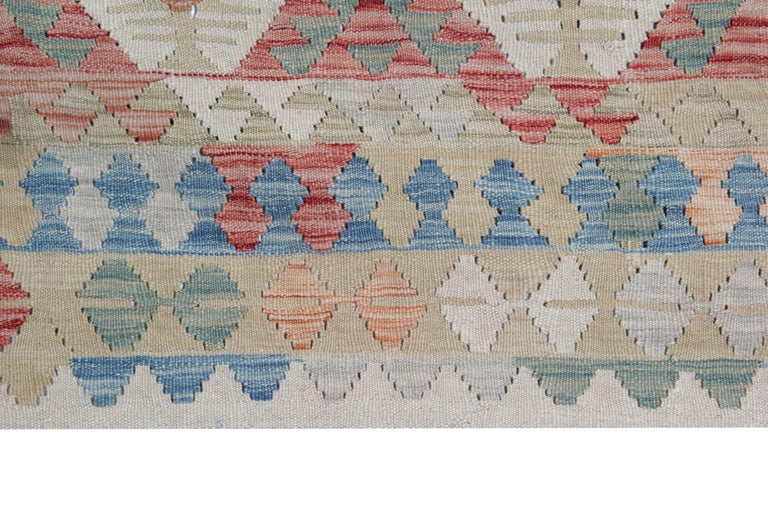 Handmade Afghan Kilim Geometric Cream and Blue Wool Kilim Rug For Sale ...