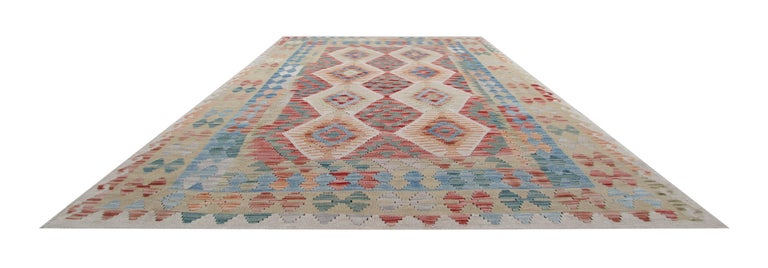 Handmade Afghan Kilim Geometric Cream and Blue Wool Kilim Rug For Sale ...