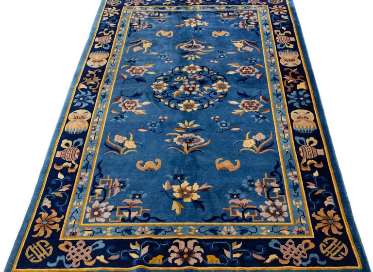 Handmade Antique Peking Chinese Blue Wool Rug with Allover Floral ...