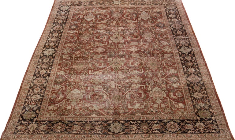 Handmade Antique Persian Mahal Floral Wool Rug in Rust For Sale at 1stDibs