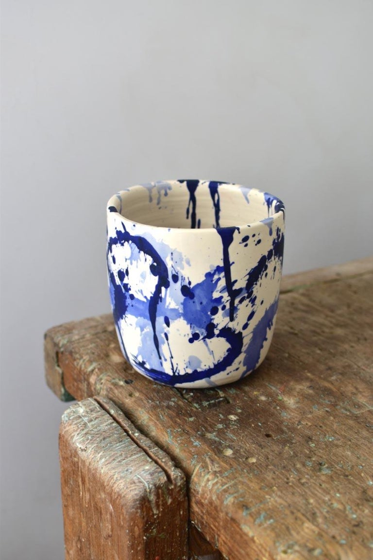 Handmade Modern Blue Matte Splattered Ceramic Planter For Sale at 1stDibs
