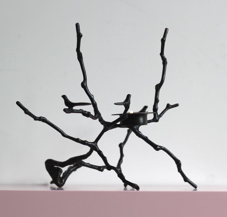 Handmade Bronze Cast Magnolia Twig T-Light Holder with Dark Patina ...