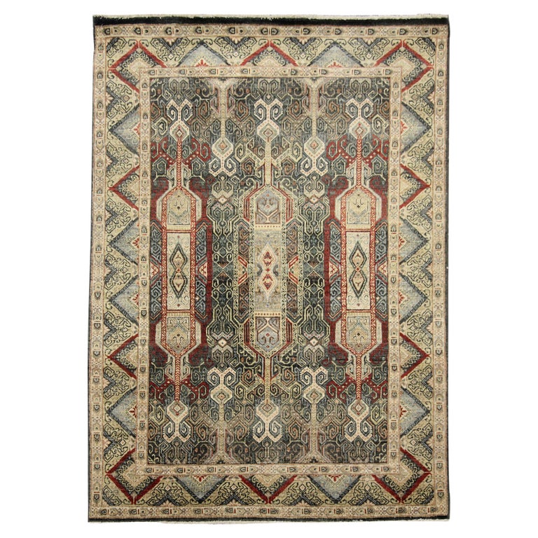 Handmade Carpet Traditional Indian Wool Area Rug Beige Green Geometric ...