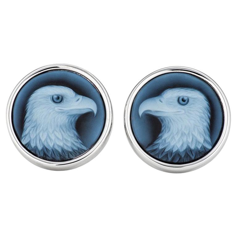 Handmade Carved Blue Agate Gold Bald Eagle Cufflinks For Sale at 1stDibs