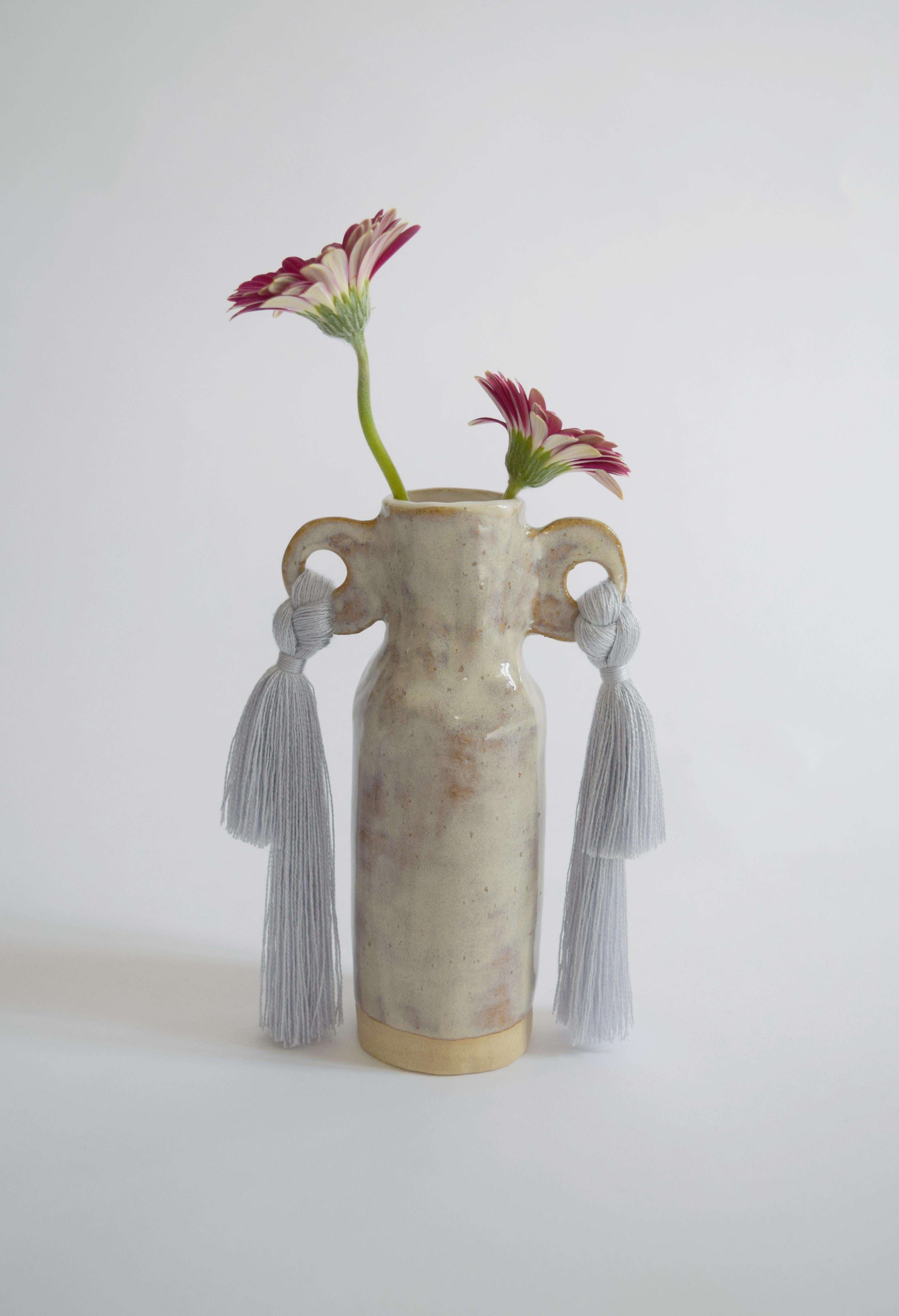 Handmade Ceramic Vase #606 in Grey Glaze with Tencel Fringe Details For ...