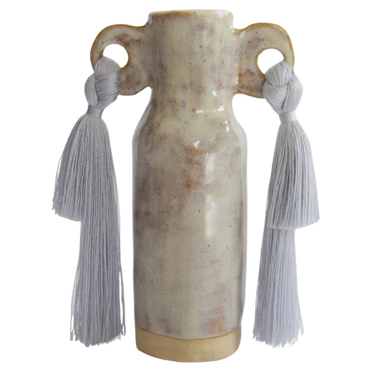Handmade Ceramic Vase #606 in Grey Glaze with Tencel Fringe Details For ...