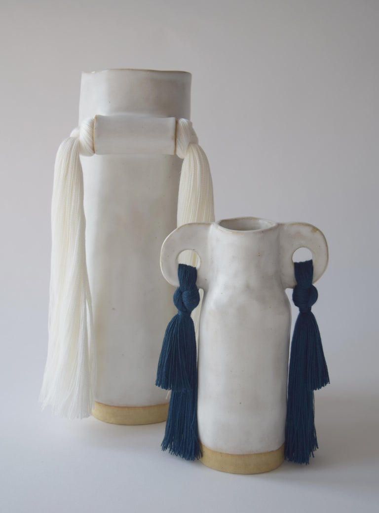 Handmade Ceramic Vase #606 in White Glaze with Navy Tencel Fringe ...