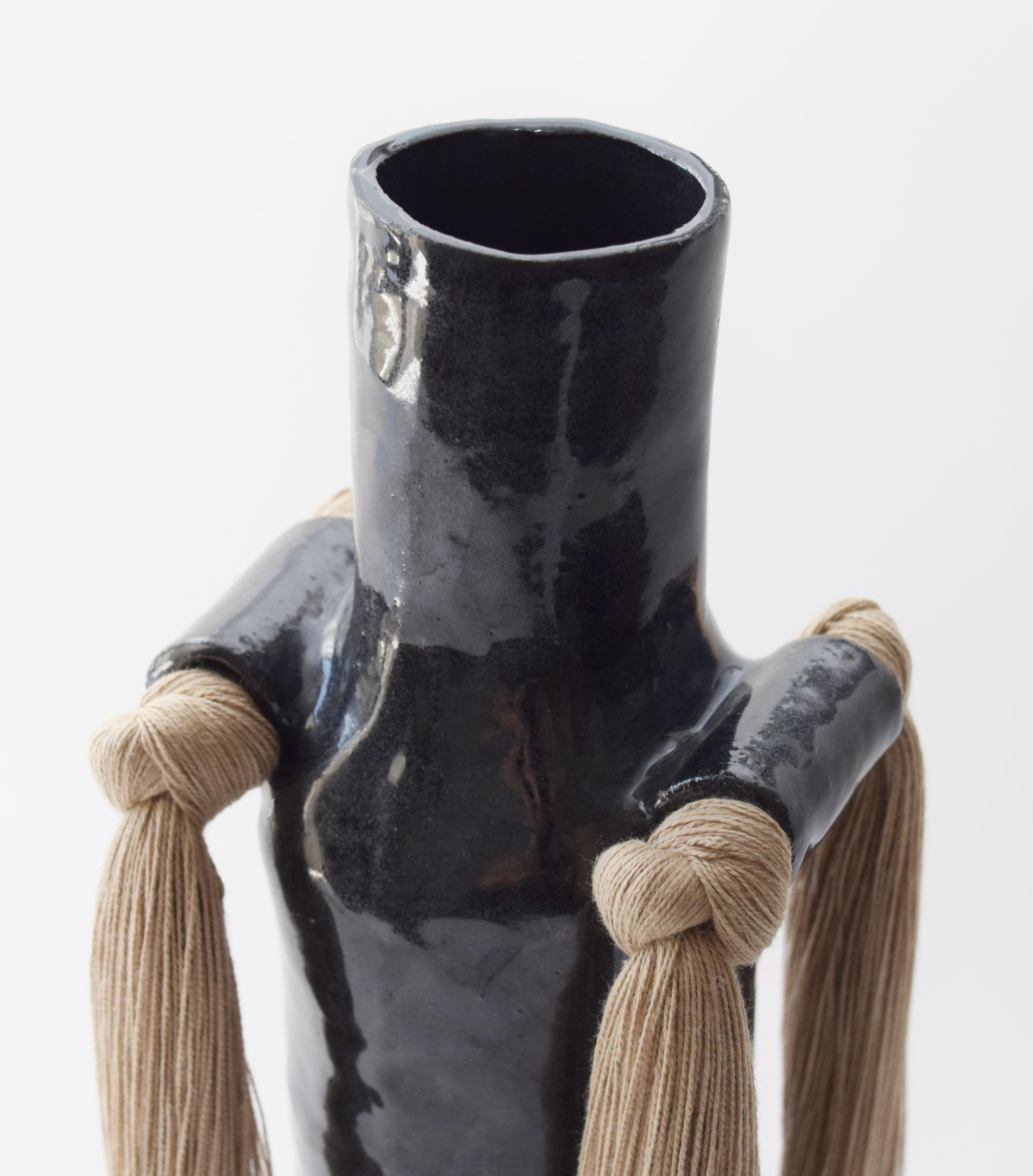 Handmade Ceramic Vase #703 in Black Glaze with Beige Cotton Fringe ...