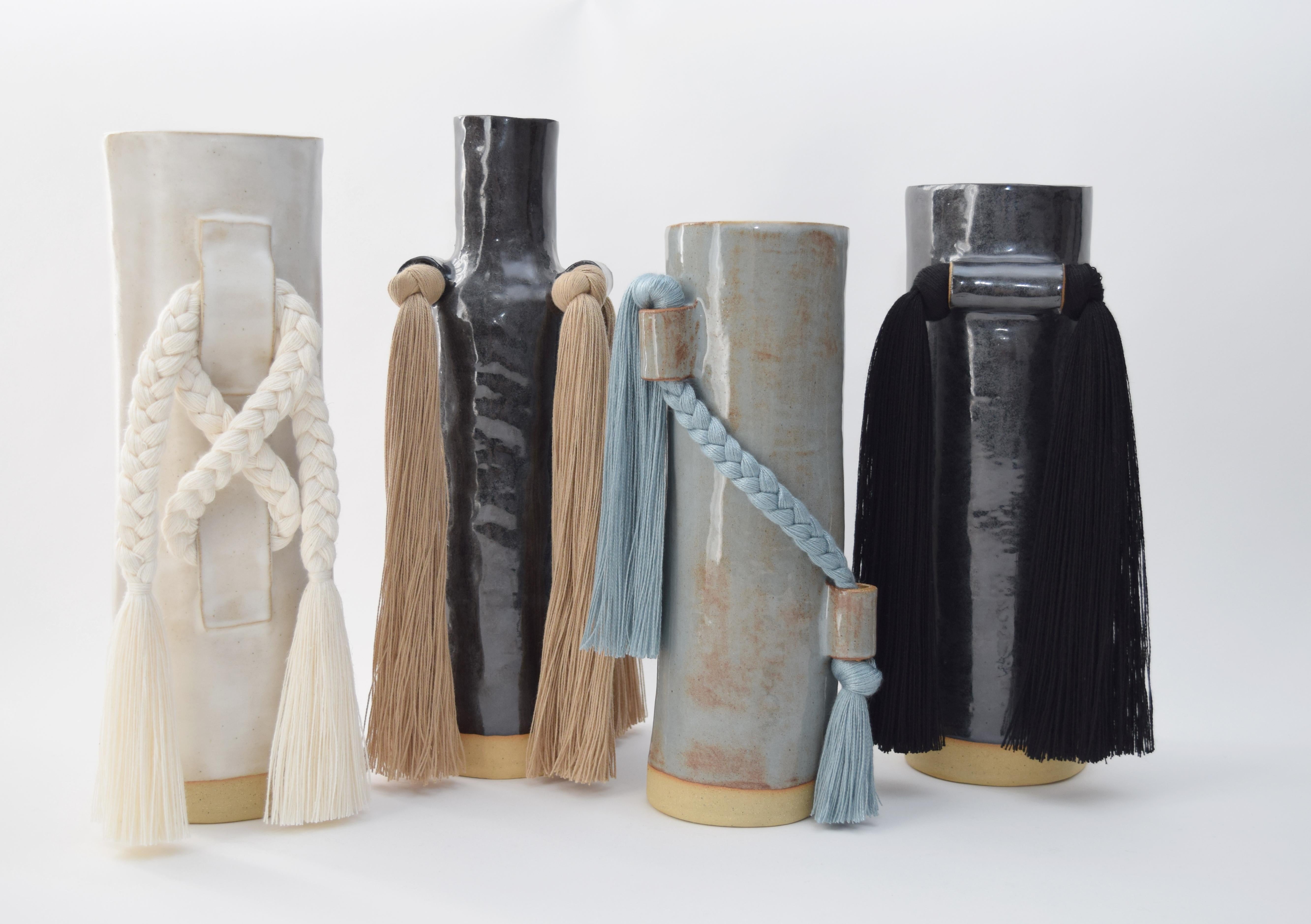 Handmade Ceramic Vase #703 in Black Glaze with Beige Cotton Fringe ...