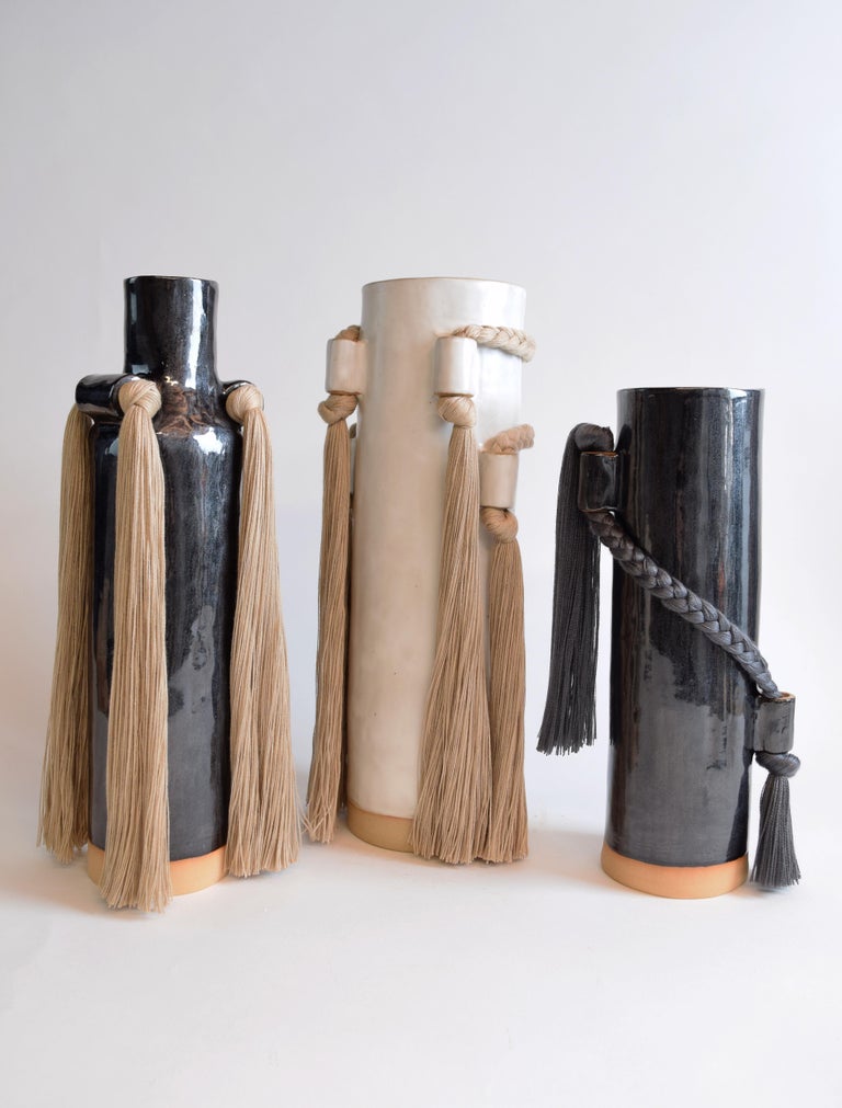 Handmade Ceramic Vase #735 in White with Tan Cotton Braided and Fringe ...