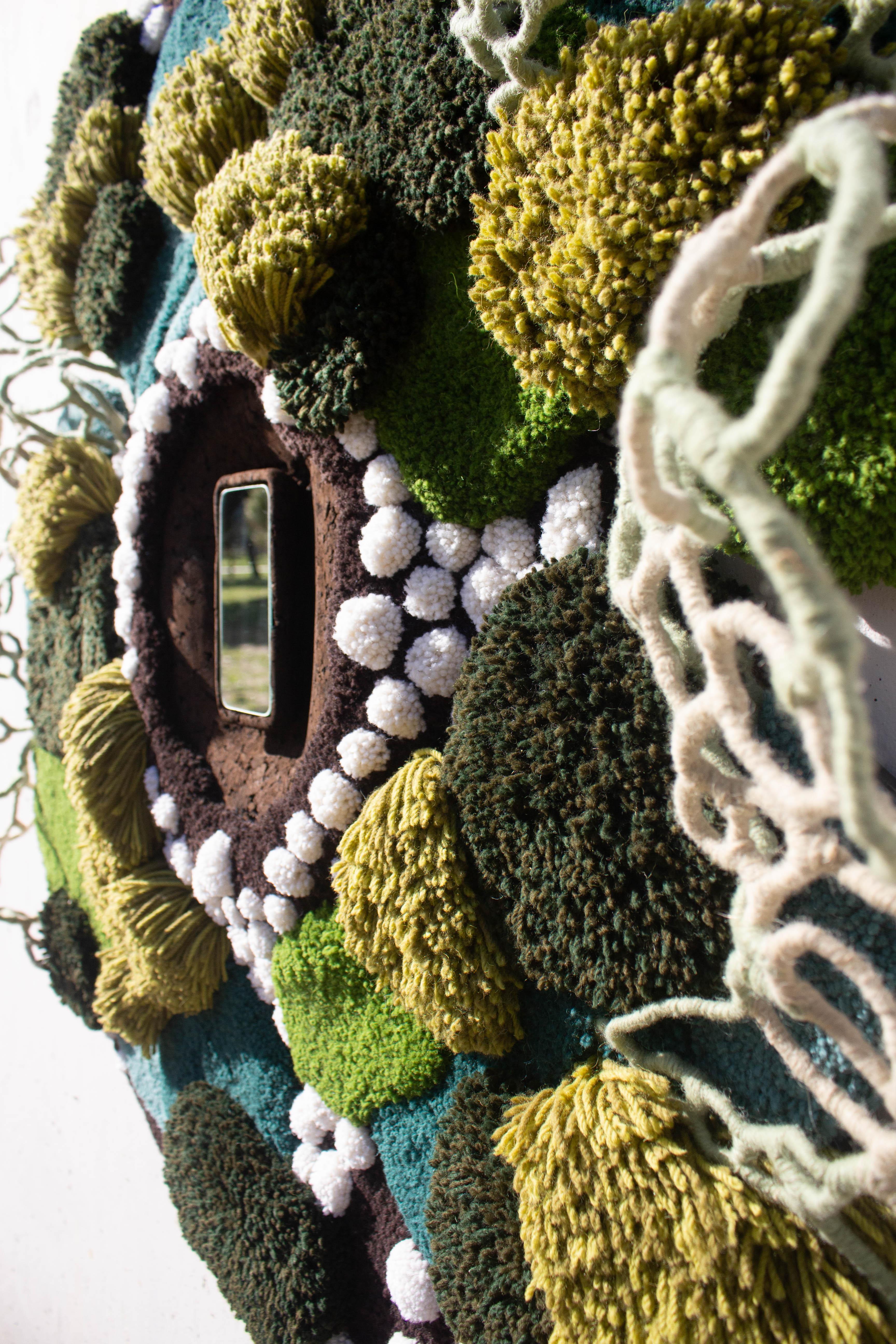 Handmade Contemporary Textile Artwork with black cork mirror frame by ...