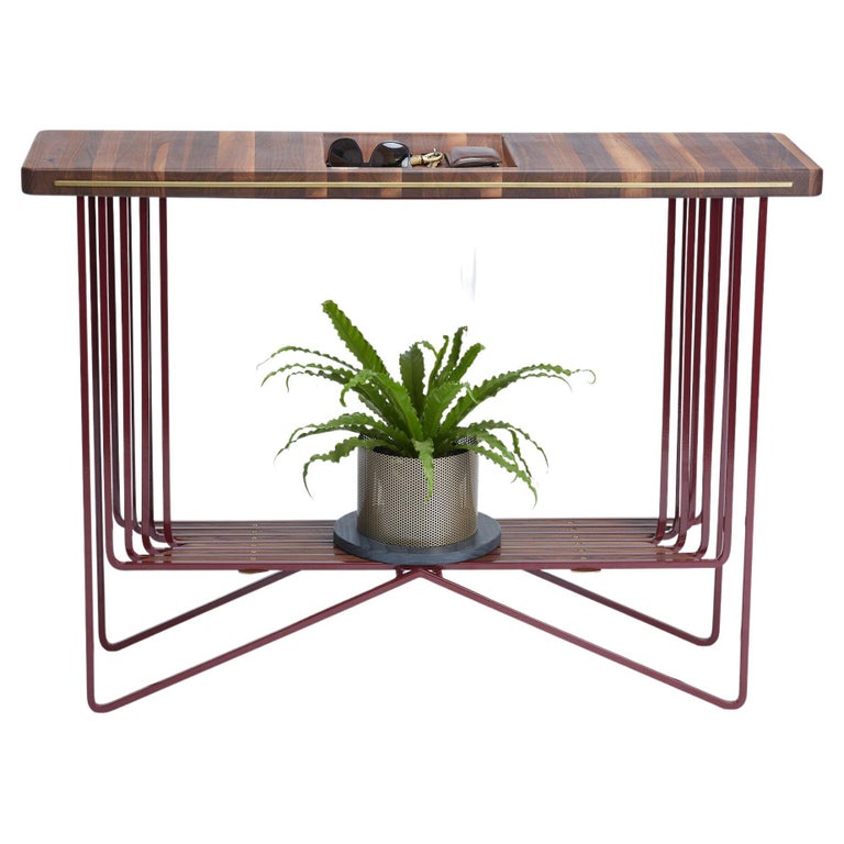 Handmade Delicate and Bold Walnut, Brass and Steel Console Table For ...